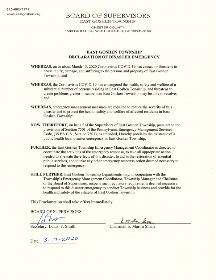 031720 Emergency Declaration : East Goshen Township